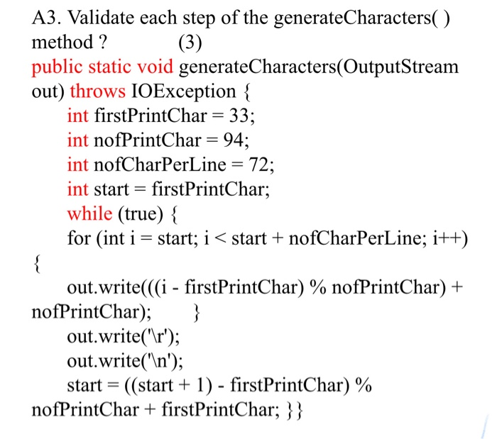 Solved A3. Validate each step of the generateCharacters() | Chegg.com
