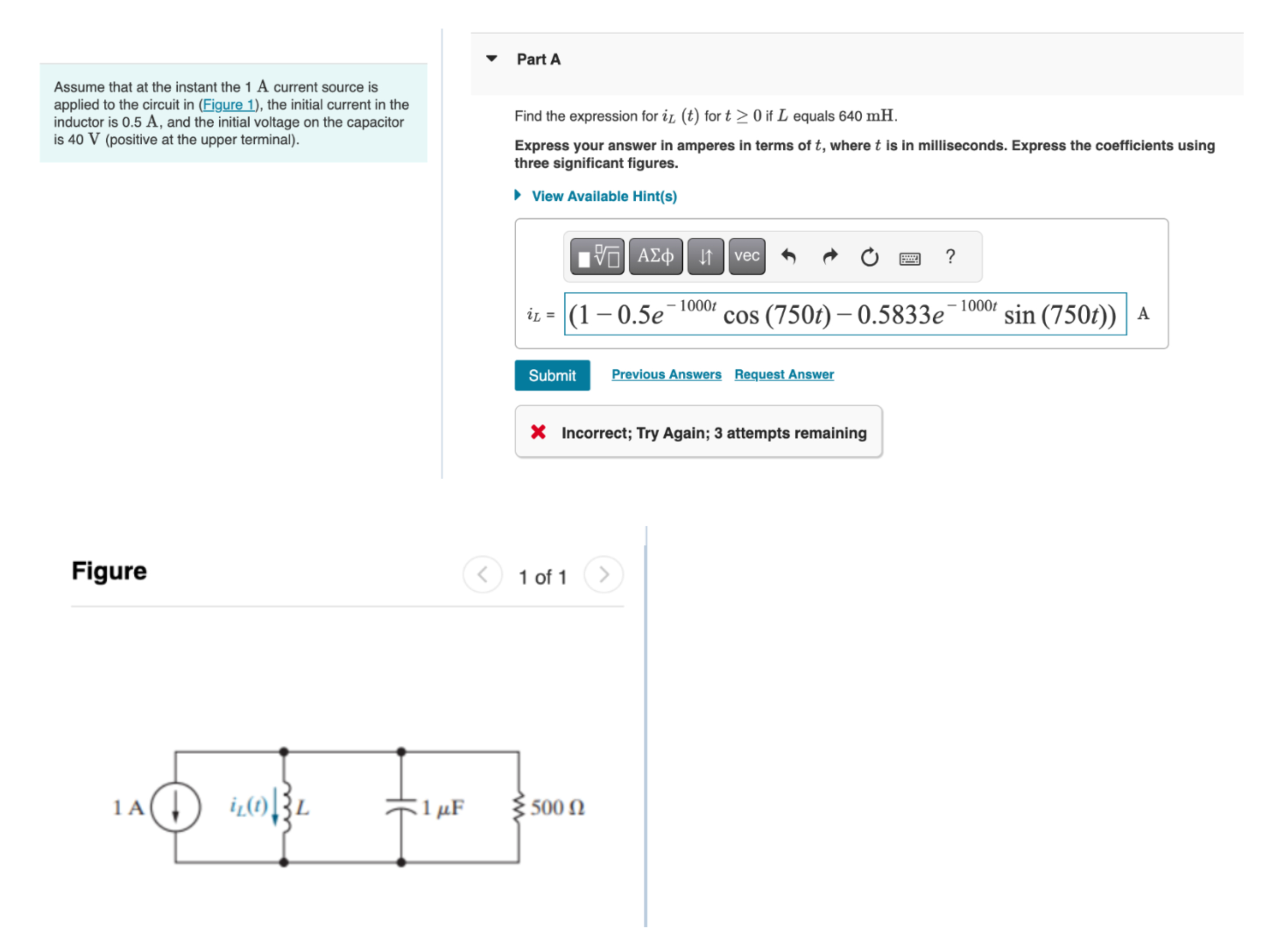 Solved Assume that at the instant the 1A current source | Chegg.com