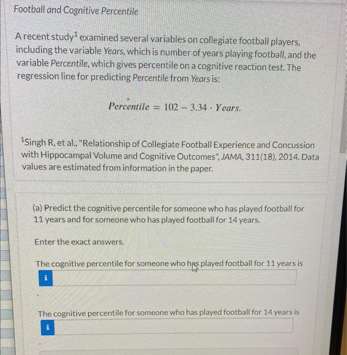 Solved Football and Cognitive Percentile A recent study 1 | Chegg.com