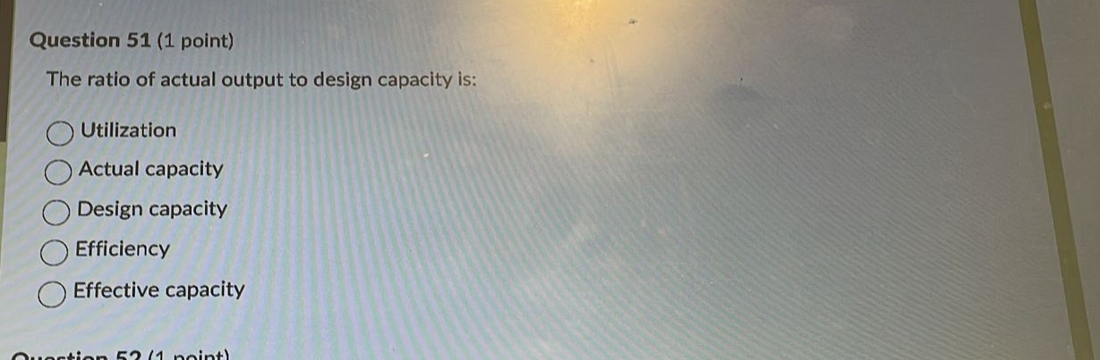 Solved The ratio of actual output to design capacity | Chegg.com