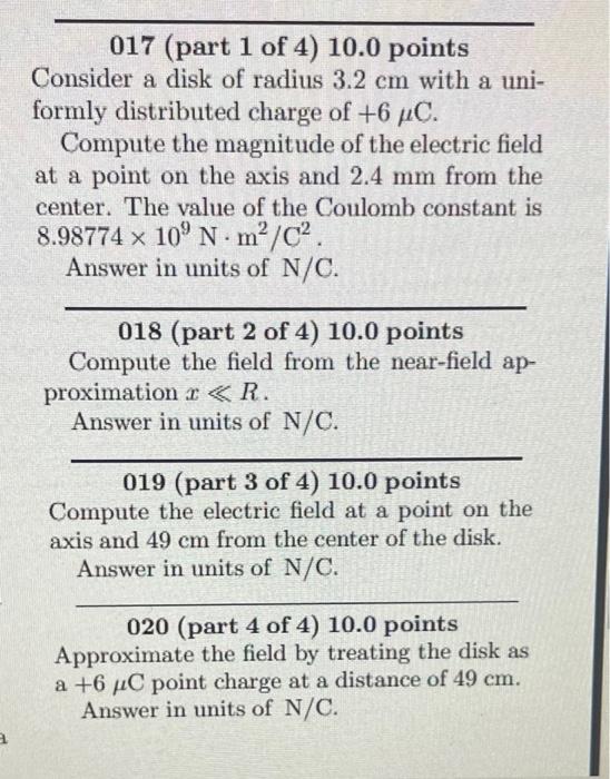 Solved 017 (part 1 of 4 ) 10.0 points Consider a disk of | Chegg.com