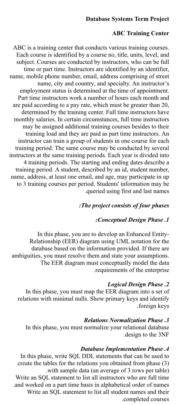 Solved Database Systems Term ProjectABC Training CenterABC | Chegg.com