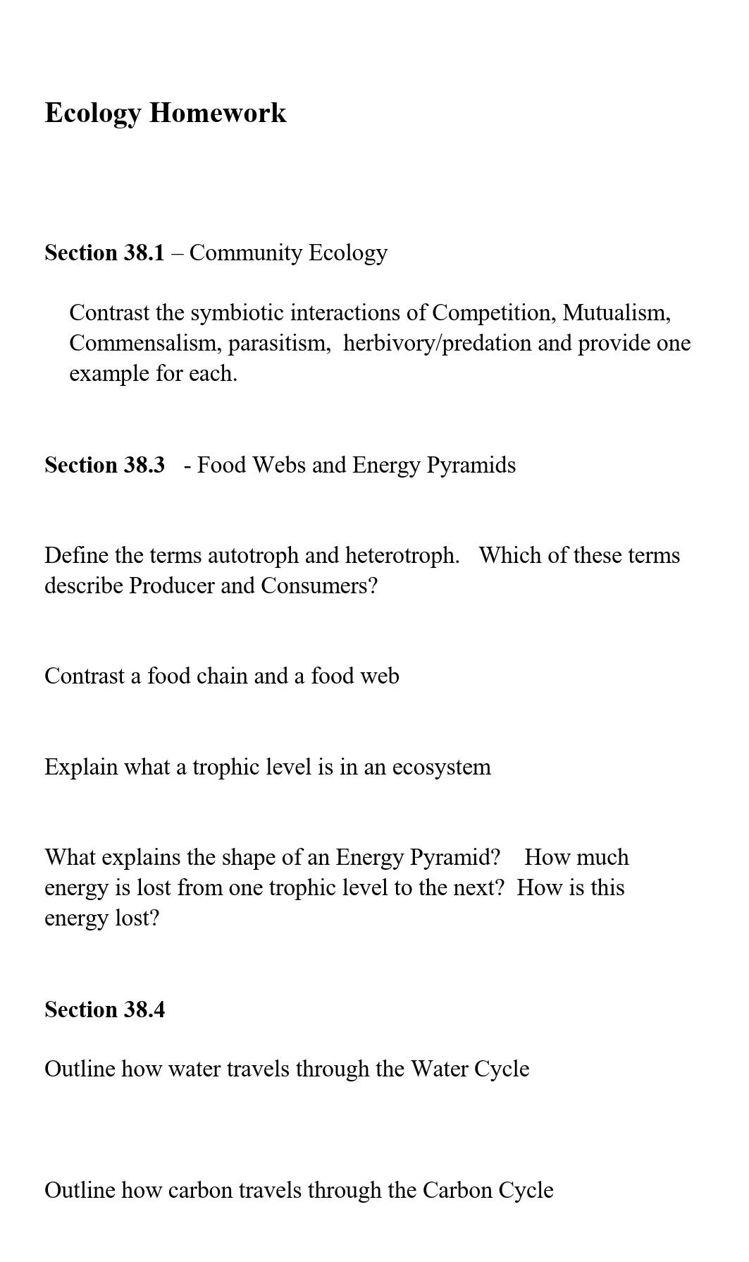 Solved Ecology Homework Section 38.1 - Community Ecology | Chegg.com