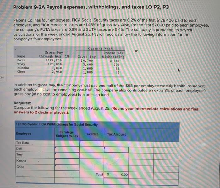 Solved Problem 9-3A Payroll expenses, withholdings, and | Chegg.com
