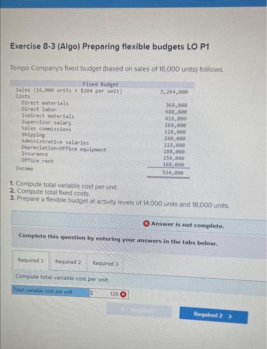 Solved Exercise 8-3 (Algo) Preparing flexible budgets LO P1 | Chegg.com