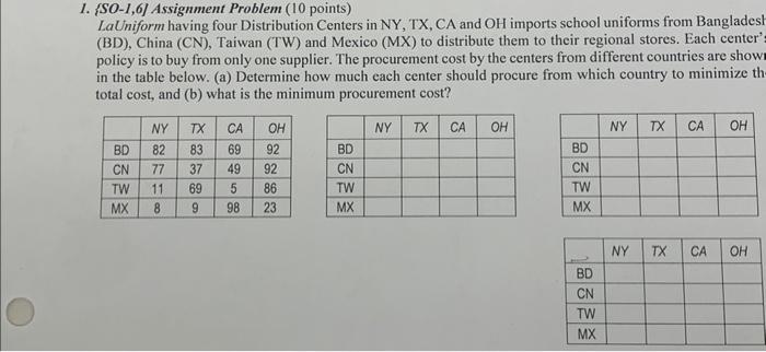 Solved 1. \{SO-1,6] Assignment Problem (10 points) LaUniform | Chegg.com