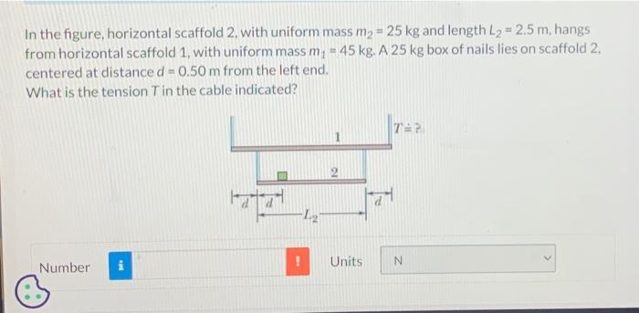 Solved In the figure, horizontal scaffold 2, with uniform | Chegg.com