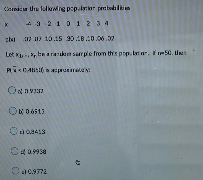 Solved Consider the following population probabilities -4 -3 | Chegg.com