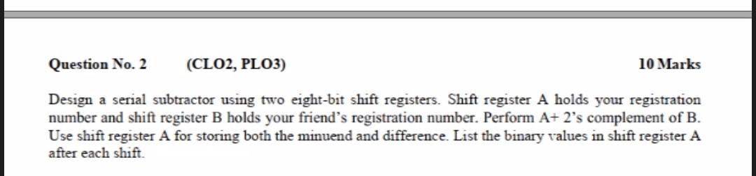 Solved Question No. 2 (CLO2, PLO3) 10 Marks Design a serial | Chegg.com
