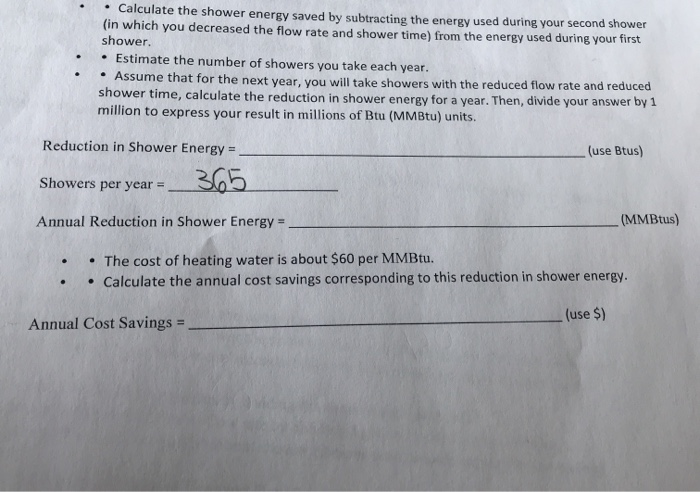 Solved • Calculate the shower energy saved by subtracting | Chegg.com