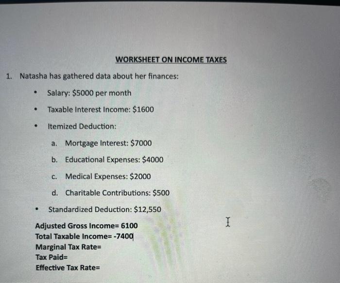 Solved WORKSHEET ON INCOME TAXES 1. Natasha has gathered | Chegg.com