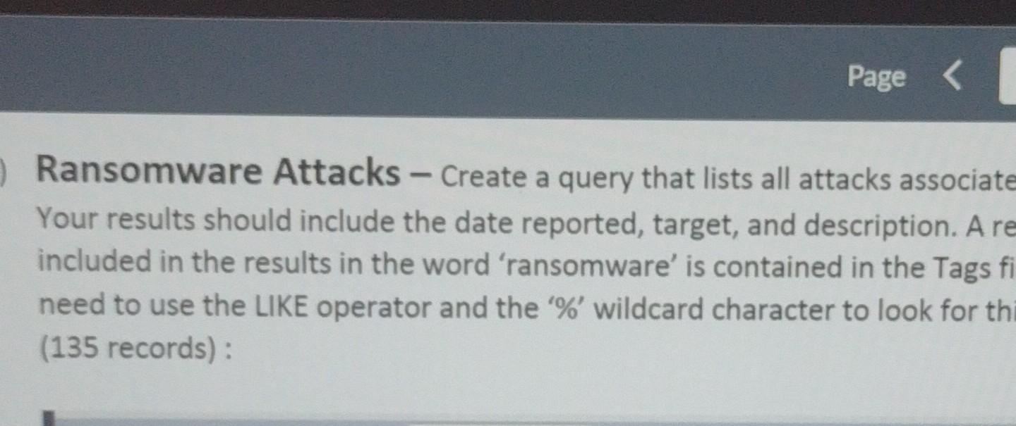 Solved Ransomware Attacks - Create a query that lists all | Chegg.com