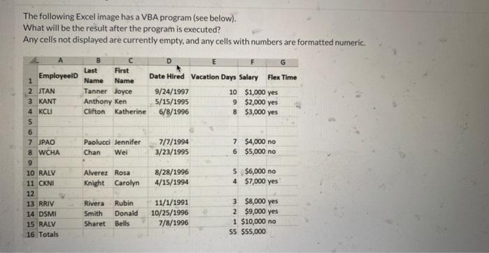 Solved The following Excel image has a VBA program (see | Chegg.com