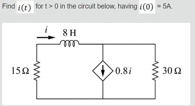 Solved Find i(t) for t>0 in the circuit below, having i(0)=5 | Chegg.com