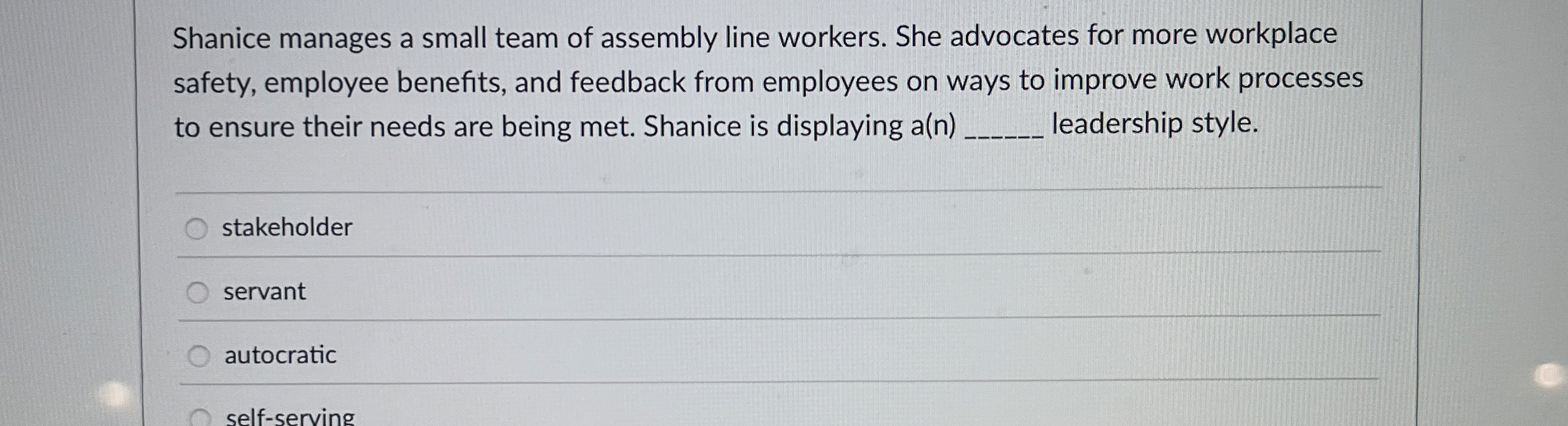 Solved Shanice manages a small team of assembly line | Chegg.com