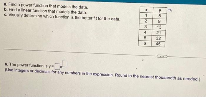 Solved a. Find a power function that models the data. b. | Chegg.com