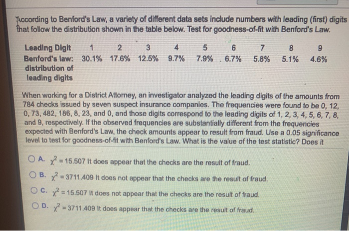 Solved Piccording to Benford's Law, a variety of different | Chegg.com