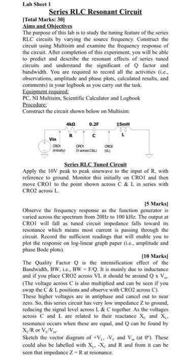 Solved Lab Sheet1 Series RLC Resonant Circuit Total Marks: | Chegg.com