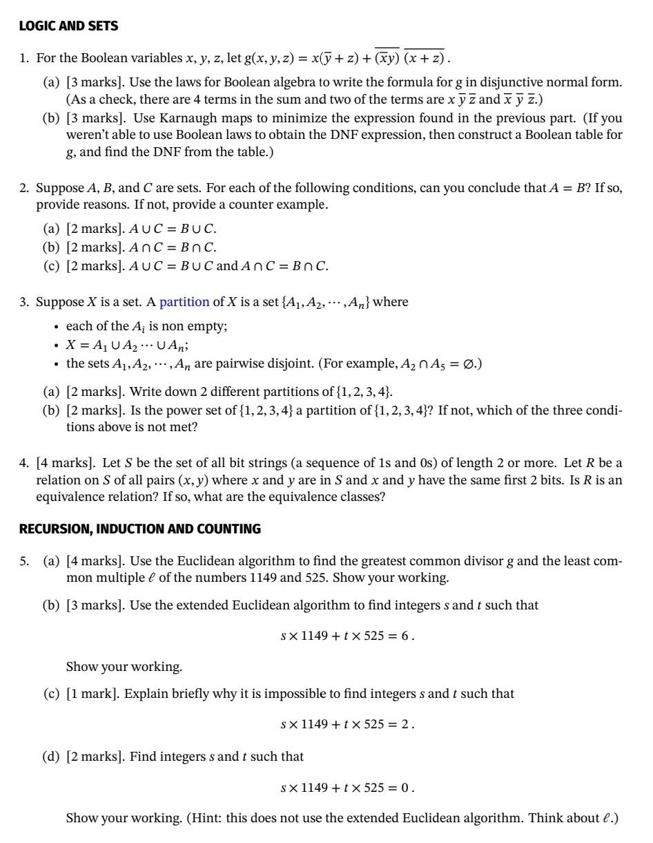 Solved 1. For the Boolean variables x,y,z, let | Chegg.com