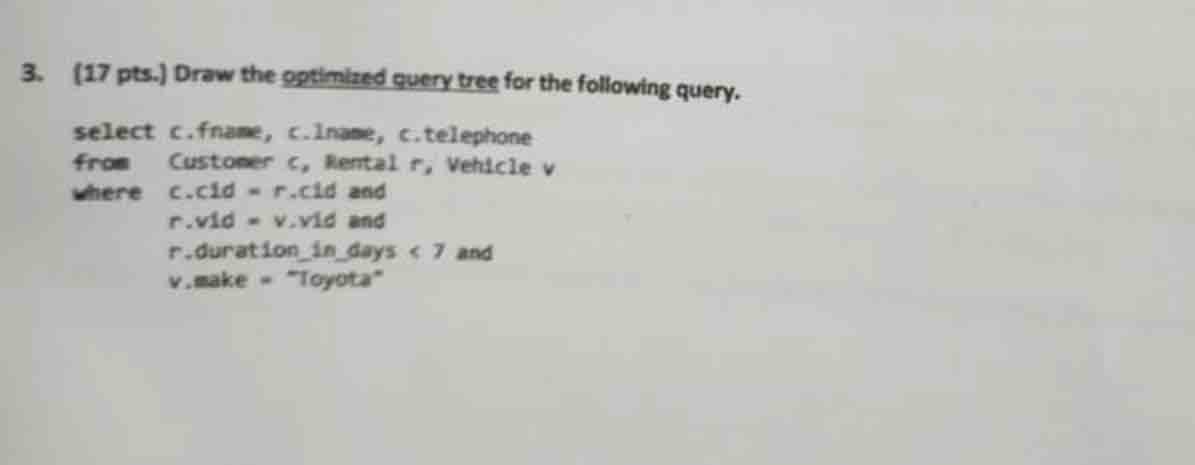 Solved (17 ﻿pts.) ﻿Draw the optimized query tree for the | Chegg.com