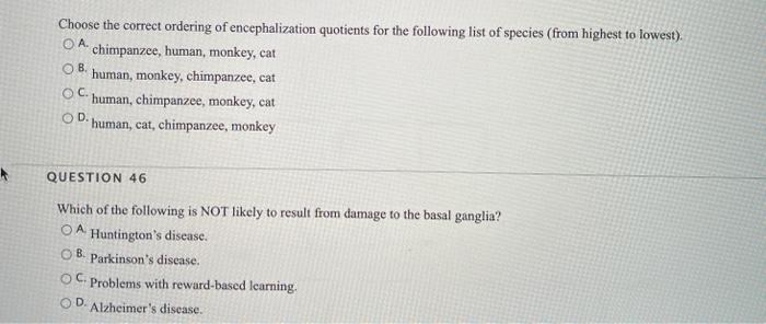 Solved Choose the correct ordering of encephalization | Chegg.com