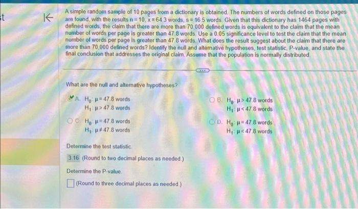 Solved A simple random sample of 10 pages from a dictionary | Chegg.com