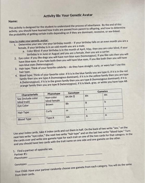 Solved Activity 8b: Your Genetic Avatar Name: This activity | Chegg.com