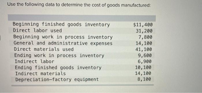 Solved Use the following data to determine the cost of goods | Chegg.com