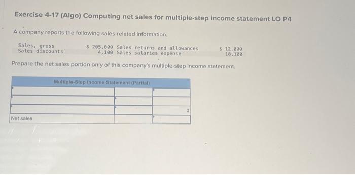 Solved Exercise 4-17 (Algo) Computing net sales for | Chegg.com