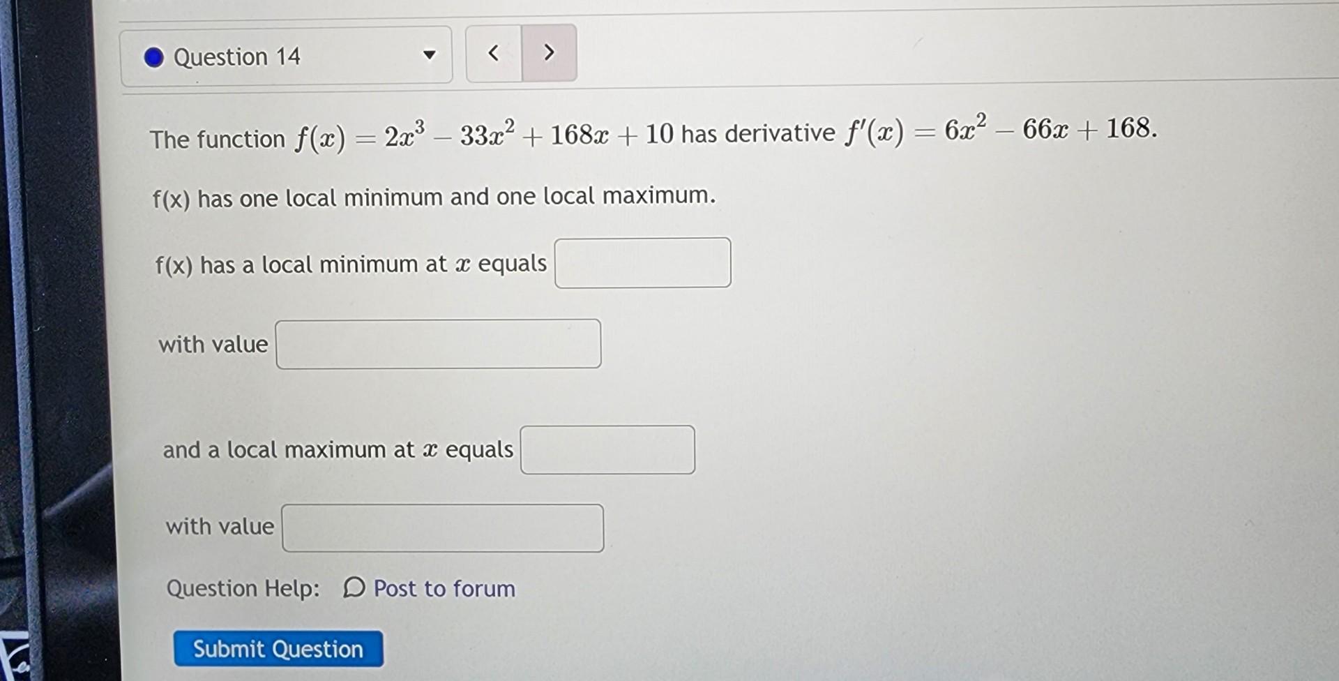 Solved The function f(x)=2x3−33x2+168x+10 has derivative | Chegg.com