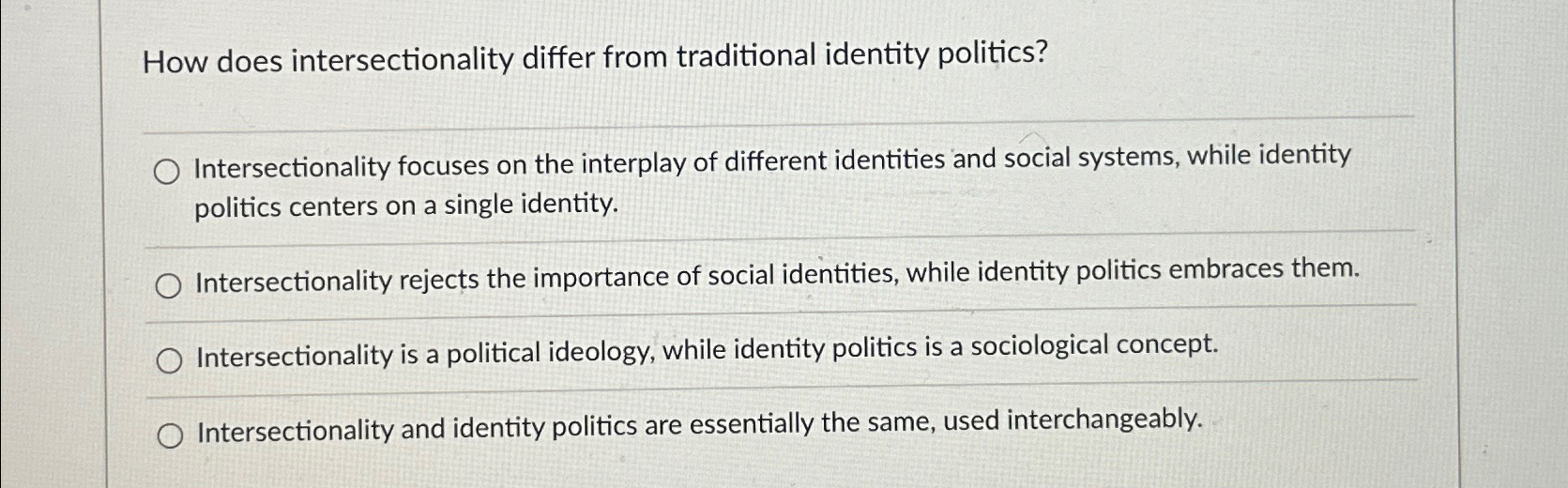 Solved How does intersectionality differ from traditional | Chegg.com