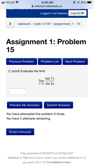Solved TELUS 6:26 AM webwork.lakeheadu.ca @ 1 81% Logged in | Chegg.com