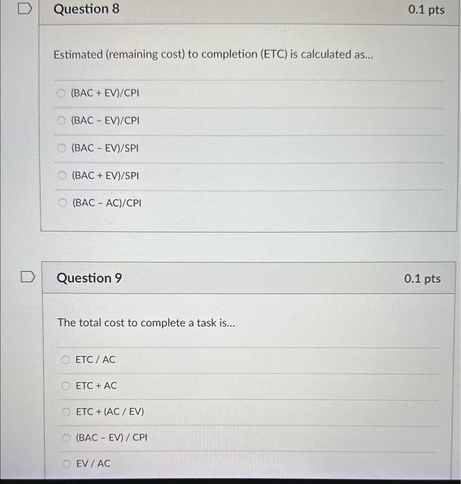 Solved Estimated (remaining cost) to completion (ETC) is | Chegg.com