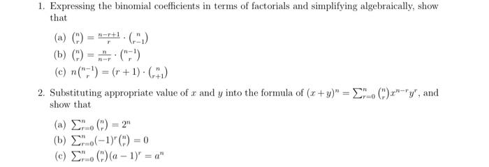 Solved 1. Expressing the binomial coefficients in terms of | Chegg.com