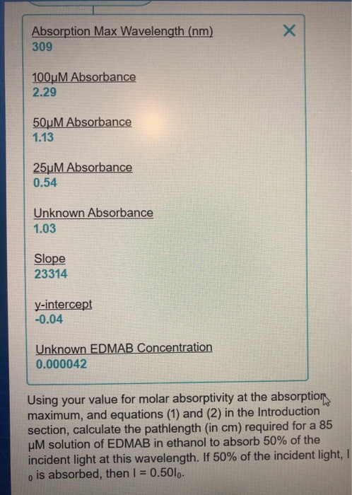 Solved Absorption Max Wavelength (nm) 309 100uM Absorbance | Chegg.com