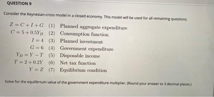Solved QUESTION 9 Consider the Keynesian-cross model in a | Chegg.com
