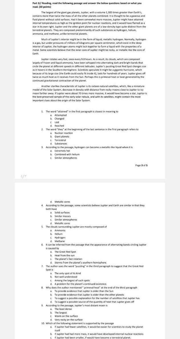 Solved Part 3// Reading, read the following passage and | Chegg.com