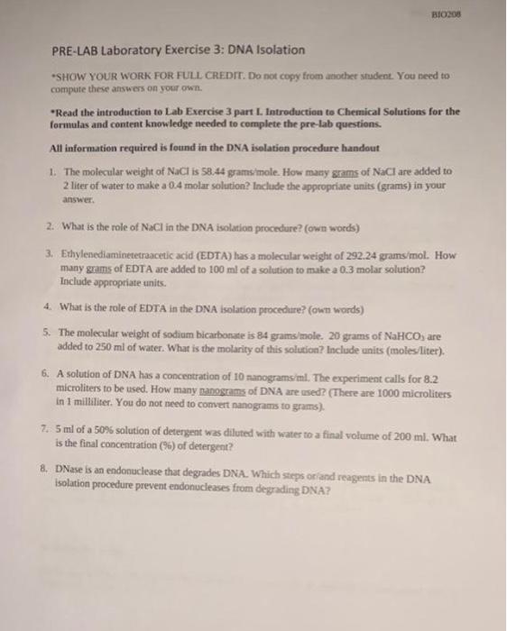 Solved PRE-LAB Laboratory Exercise 3: DNA Isolation -SHOW | Chegg.com