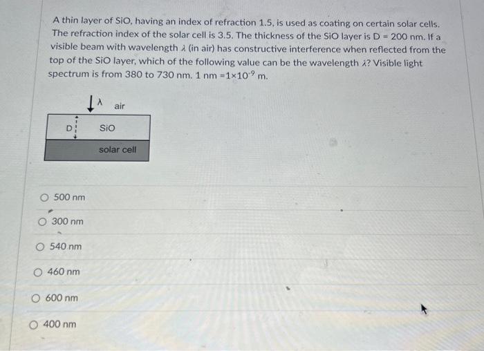 Solved A thin layer of SiO, having an index of refraction | Chegg.com