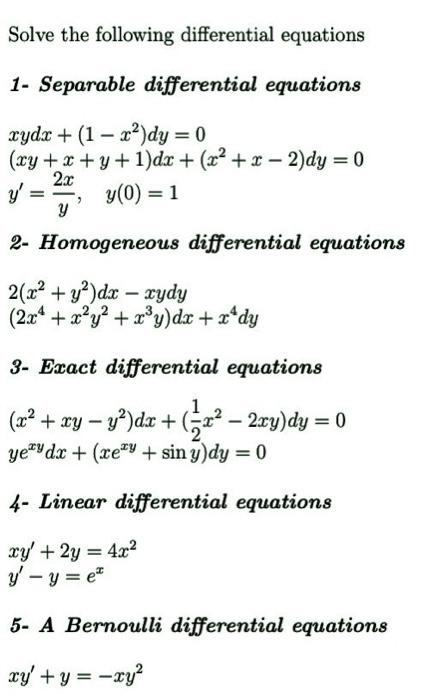 Solved Solve the following differential equations 1- | Chegg.com