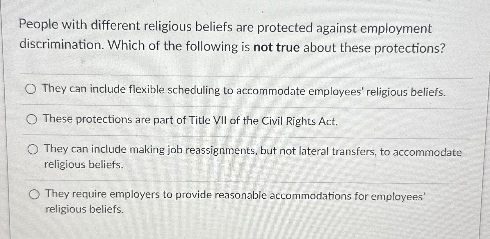 Solved People with different religious beliefs are protected | Chegg.com