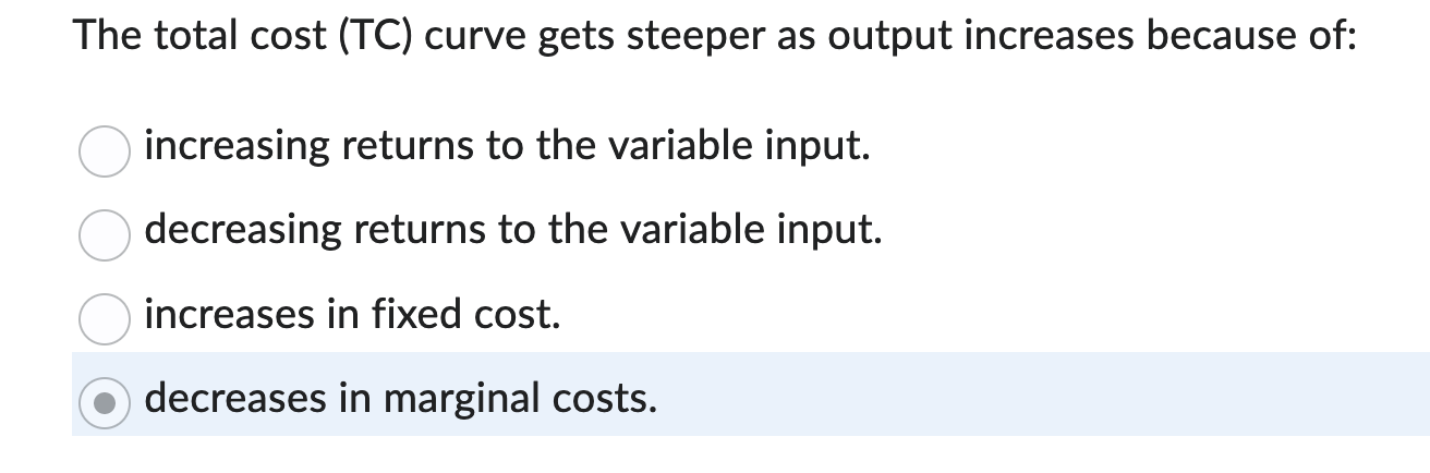 Solved The total cost (TC) ﻿curve gets steeper as output | Chegg.com