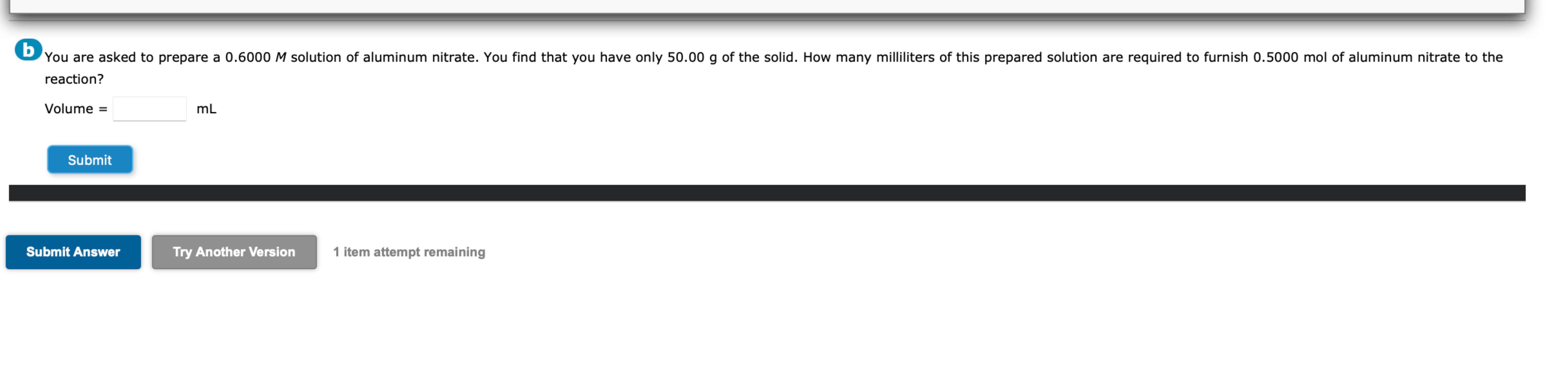 Solved reaction?Volume =mL1 ﻿item attempt remaining | Chegg.com