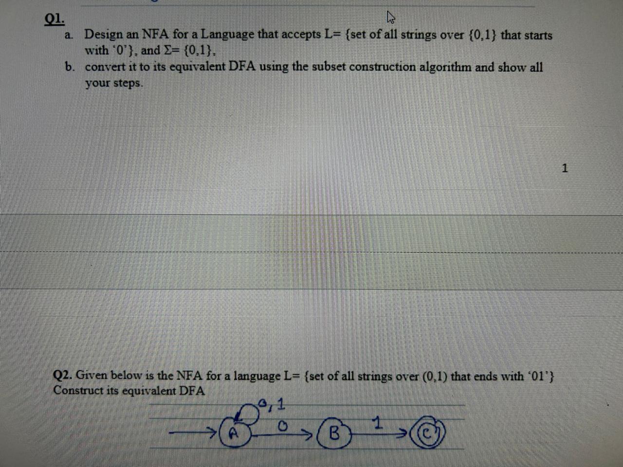 Solved a. ﻿Design an ﻿NFA for a Language that accepts set | Chegg.com