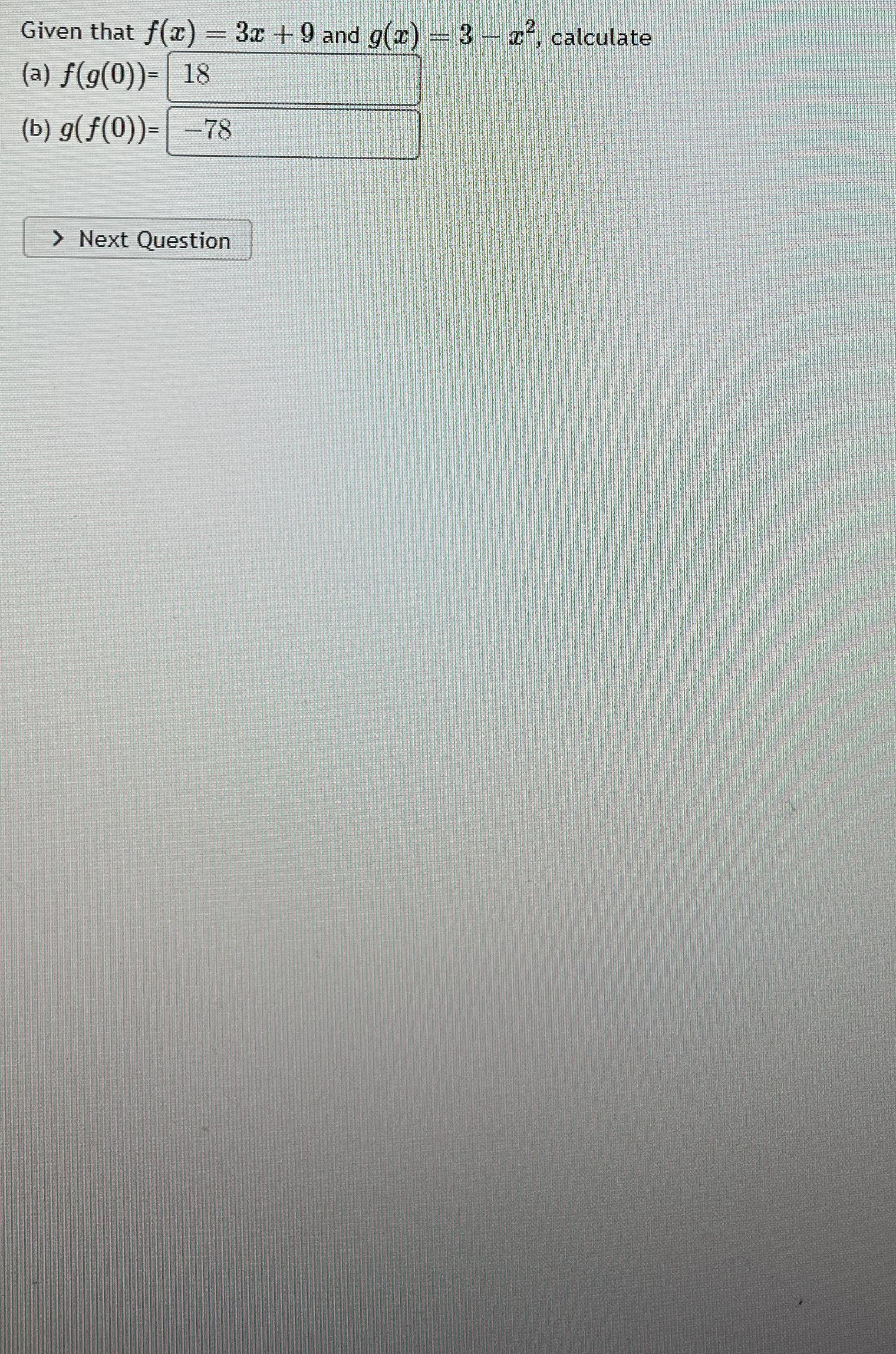 Solved Given that f(x)=3x+9 ﻿and g(x)=3-x2, | Chegg.com