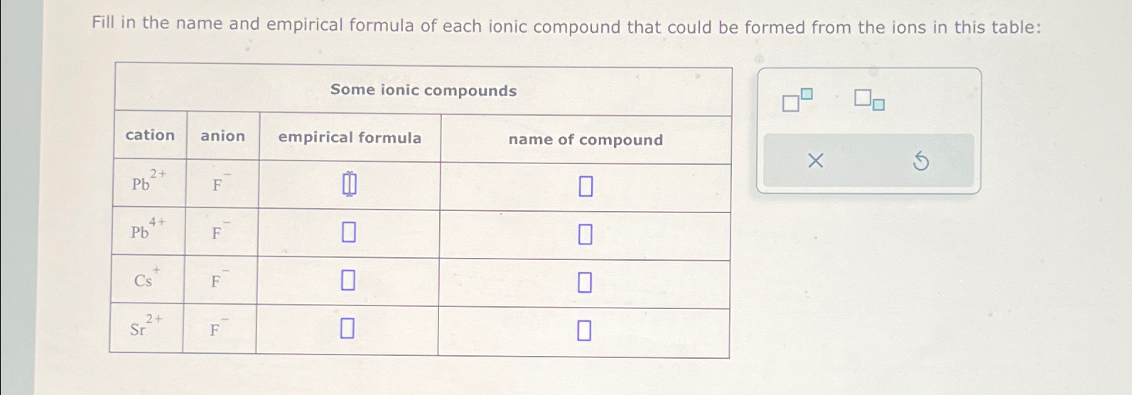 Solved Fill in the name and empirical formula of each ionic | Chegg.com