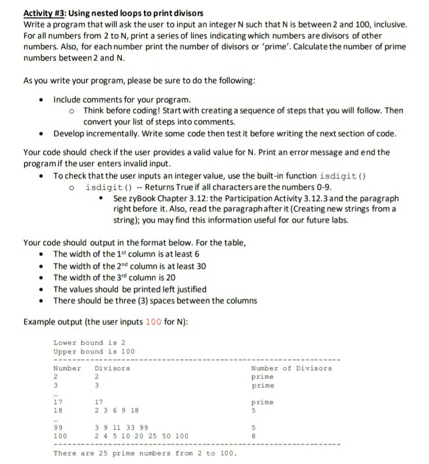 Solved Activity #3: Using nested loops to print divisors | Chegg.com