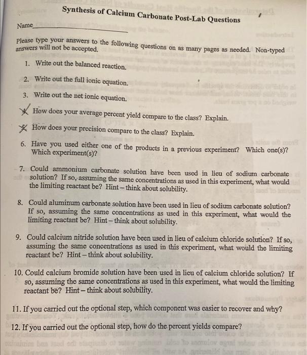 Synthesis of Calcium Carbonate Post-Lab Questions | Chegg.com