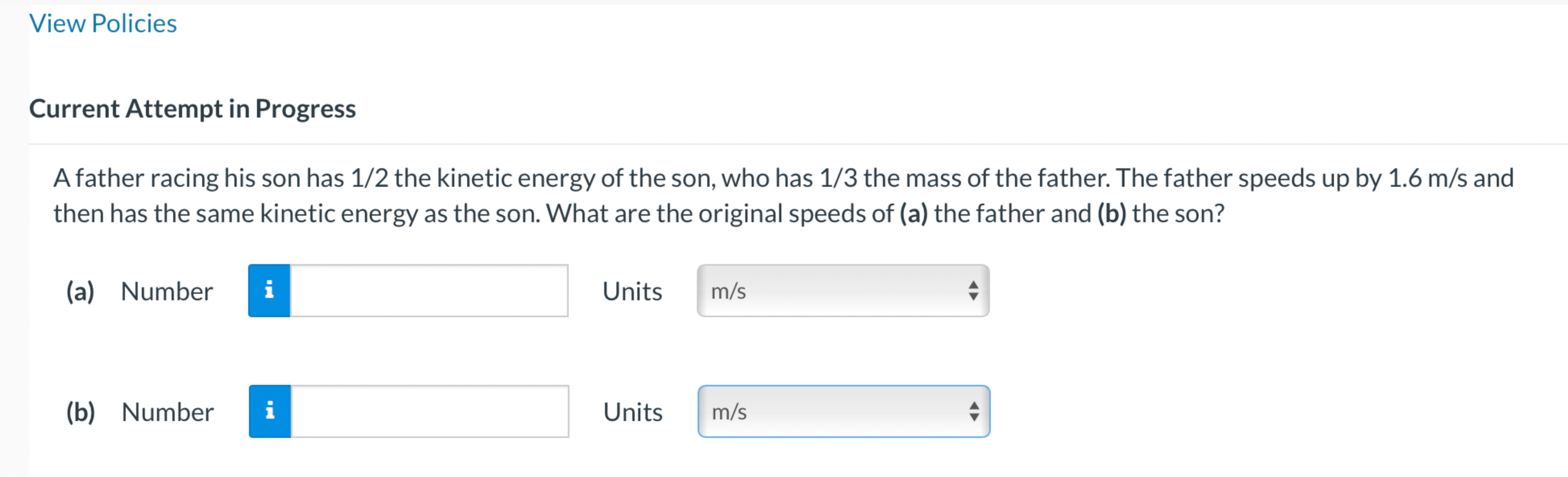 Solved A father racing his son has 12 ﻿the kinetic energy of | Chegg.com