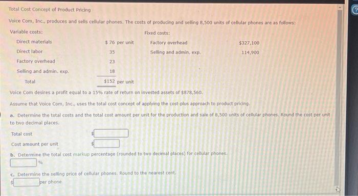 Solved Total Cost Concept of Product Pricing Volce Com, | Chegg.com